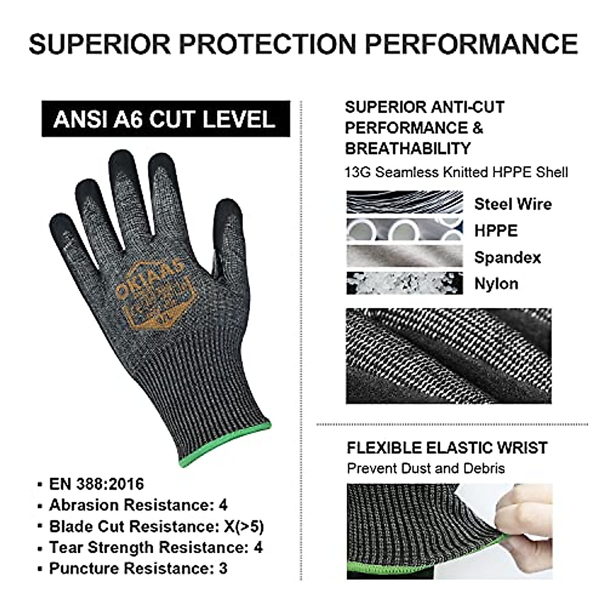 OKIAAS Level 6 Cut Resistant Work Gloves, Foam Nitrile Coated with Grip, Touchscreen Safety Gloves for Woodworking, Fishing, Construction, Heavy Duty Work (L/Size 9, 1 Pair)