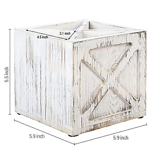 MyGift Whitewashed Solid Wood Kitchen Utensil Holder Crock Countertop Storage Organizer with 4 Compartments, Rustic Farmhouse Flatware Silverware Buffet Caddy