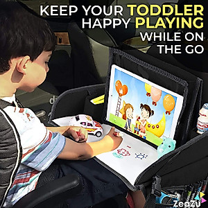 Kids Travel Tray with Bag - Toddler Car Seat Tray, Foldable Lap Travel Table Desk with iPad Holder, Drawing Board, Storage Pocket Organizer for Child Road Trip, Car Stroller, Airplane - Pink