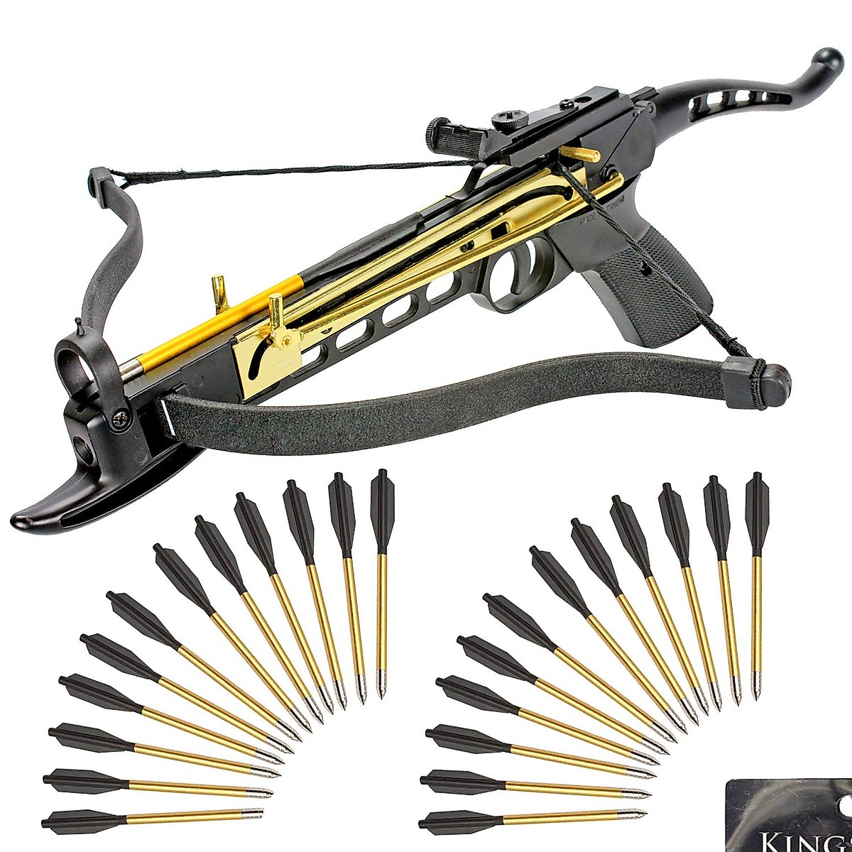 KingsArchery Self-Cocking Crossbow Bundle with Adjustable Sights, Spare Crossbow String and Caps, 27 Aluminim Arrow Bolt Set