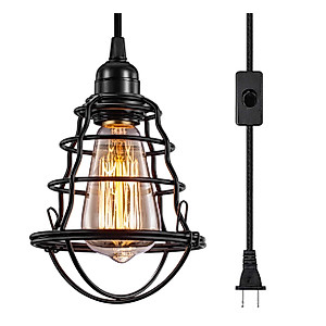 Asnxcju Industrial Plug in Pendant Light, Vintage Hanging Cage Pendant Light with Plug in Cord, Farmhouse E26 E27 Edison Pendant Lighting with On/Off Switch for Living Room Dining Room
