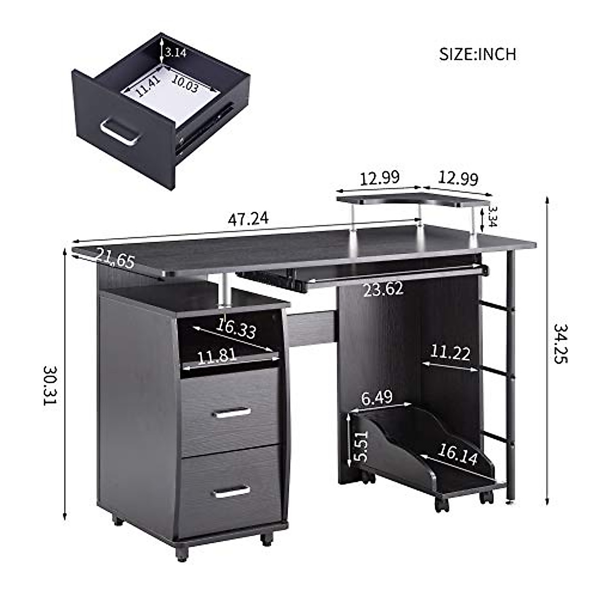 LXBB Home Office Computer Desk with Drawers and Pull-Out Keyboard Tray,Multi-Functions Desk with Pedestal,Study Writing Desk,Computer Workstation,Black