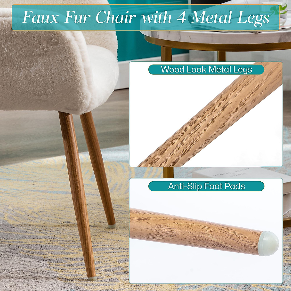 Homedraft Home Office Faux Fur Dining Chair, Fluffy Makeup Vanity Chair, Comfy Accent Armchair with Wood Grain Metal Legs, Cute Desk Chair with Hollowed Back, White