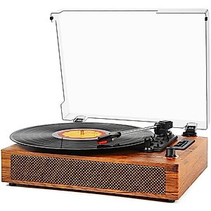 Vintage 3-Speed Bluetooth Turntable with Built-in Speakers & USB Recording Digital Display - Retro Vinyl Record Player w/RCA Line-Out, AUX Input - LP Player with Walnut Finish