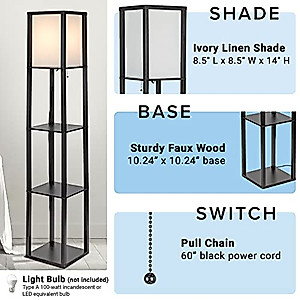 Catalina Lighting 17559-011 Modern Faux Wood Floor Lamp with Shelves and Ivory Linen Shade, 63", Classic Black