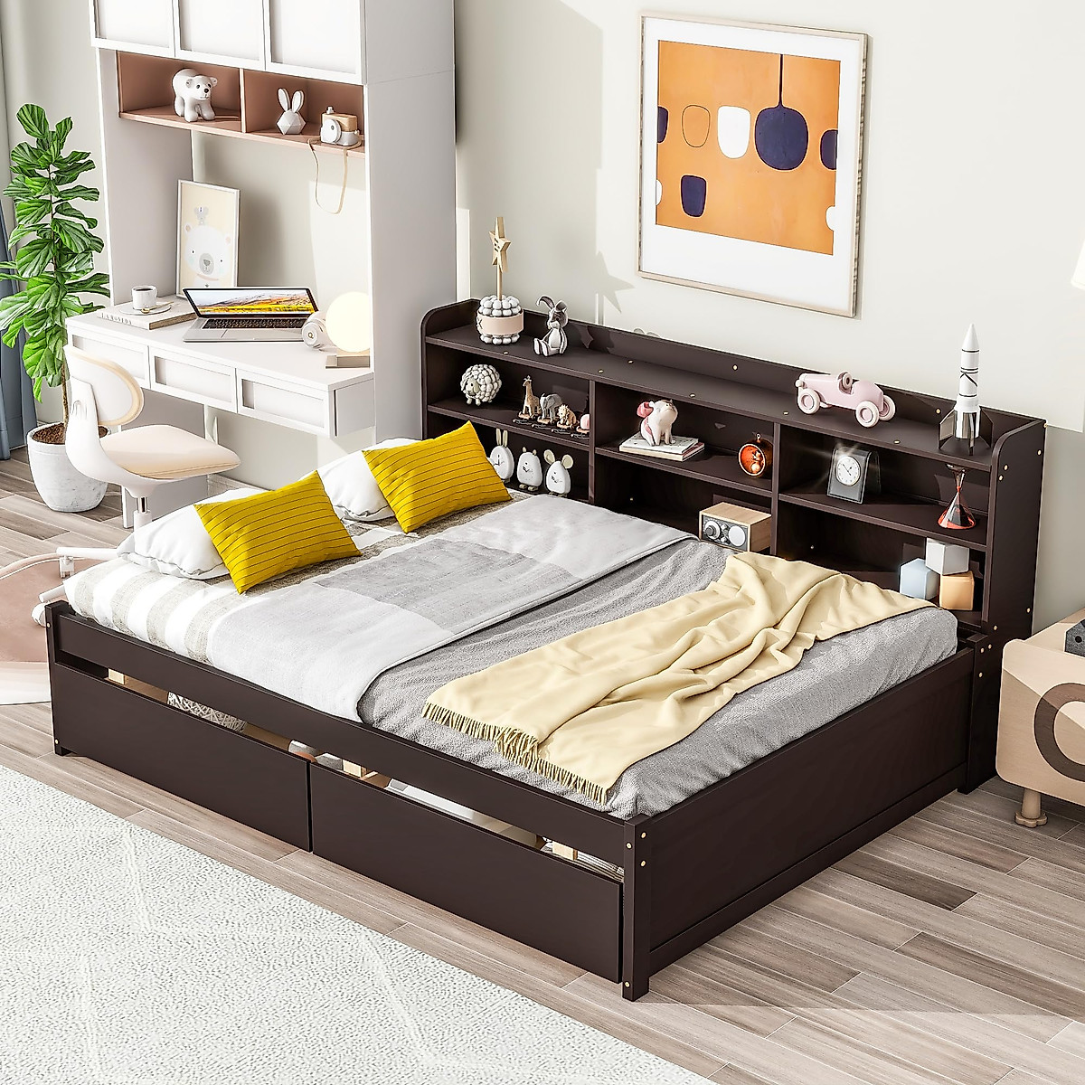 DaiNNCN Full Size Daybed with Storage Bookcases Headboard,Captains Corner L-Shaped Bed with 2 Drawers,No Box Spring Needed for Kids Boys Girls,Espresso