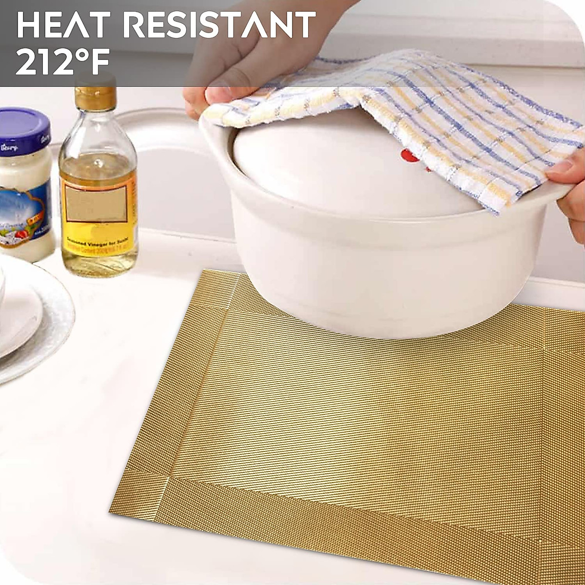 Trophable Placemats Set of 6, Table Placemats Heat Resistant Woven Placemats Washable PVC Place Mats Woven Vinyl Placemats Non-Slip Stain Resistant Kitchen Table Placemats Easy to Clean (Gold)