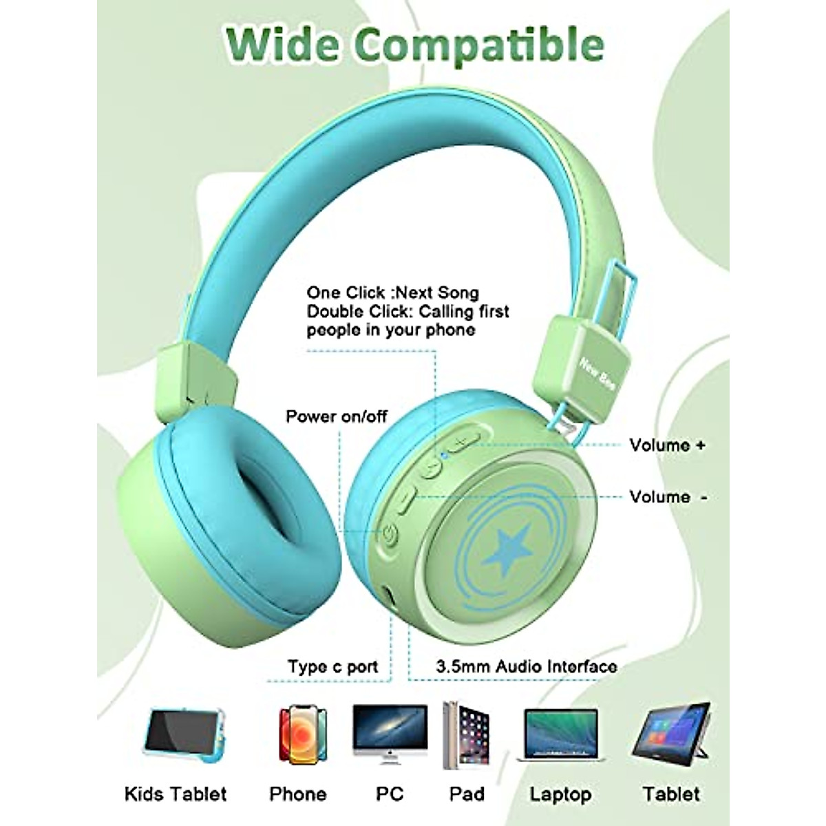New bee Kids Bluetooth Headphones with Microphone Bluetooth 5.0 Wireless Kids Headphones with 32H Playtime/94dB Volume Limited On Ear Headphones for School/Girls/Boys/iPad/Fire Tablet(Matcha Green)