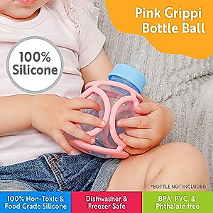 OgoBolli Grippi Teether Ring Tactile Sensory Ball and Baby Bottle Holder for Babies & Toddlers - Stretchy, Squishy, Soft, Non-Toxic Silicone - Boys and Girls Age 6+ Months - Pink