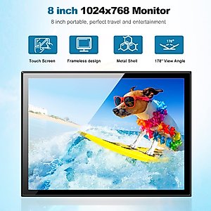 Miktver 8 inch Small Touchscreen Monitor, IPS Portable LCD Screen 1024x768 with HDMI VGA AV BNC USB Display Port Built in Speakers, Mini HD Color Metal Housing Touch Screen