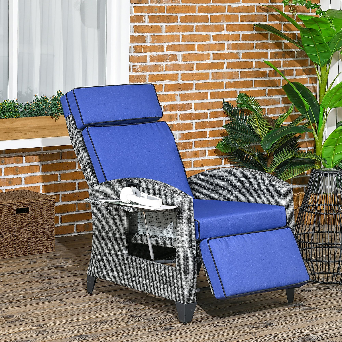 Outsunny Outdoor Recliner Chair with Adjustable Armrests, Footrest, PE Wicker Reclining Patio Lounge Chair with Cushions, Side Tray Table for Porch, Balcony, Dark Blue