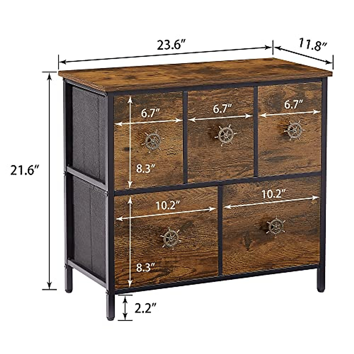 VECELO Bedroom with 5 Chest of Drawers for Living Room, Nursery, Entryway, Fabric Furniture Clothes Storage Tower with Steel, Wood Top, Small Dresser, Brown