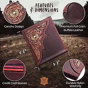 RAW HYD Bifold Wallet for Men (Bourbon Brown) - RFID Blocking Men’s Leather Wallet w/Star Concho - Full Grain, Tooled RFID wallet for men - Slim & Compact Cowboy Wallet - Great Western Gifts for Men