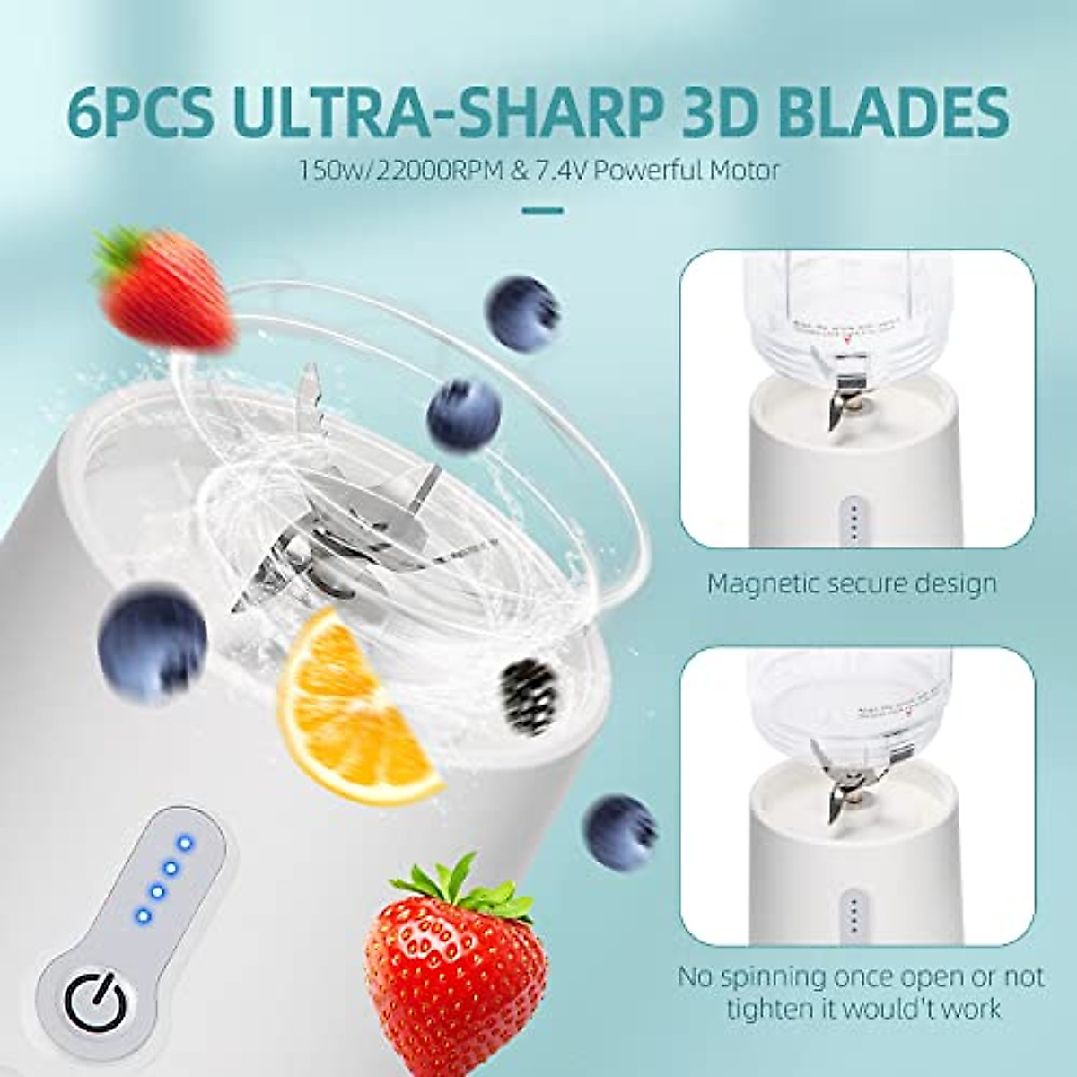 Portable Blender for Shakes and Smoothies,17oz Personal Size Blender with USB Rechargeable and 6 Blades, Fruit Veggie Fresh Juicer Mini Portable Blender Cup for Travel Sports Kitchen (White)