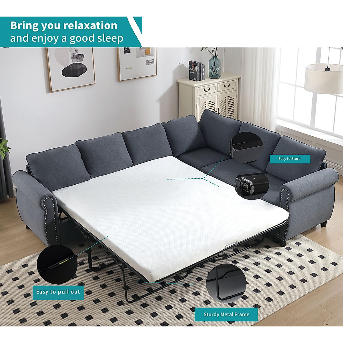 Plococo Sleeper Sofa with Queen Mattress, 2 in 1 Pull Out Couch Bed,6 Seater Sofa Bed, L Shaped Sleeper Sectional Sofa Couch,Riveted Sofa,104'' Large Combined Sofa in Living Room (Gray)