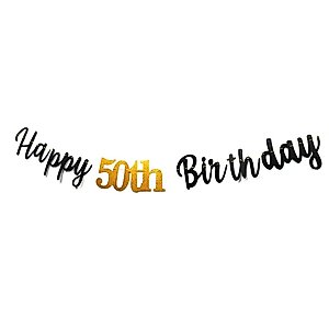 Happy 50th Birthday Banner 50TH Birthday Party Garlands Bunting Sign Photo Props Backgrounds,50 Years Birthday Party Decorations Pre-Strung (Black)