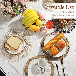 Set of 8 Wall Basket Decor Boho Wall Hanging Decor Rattan Wall Decor Flat Round Wicker Woven Macrame Tassels Tapestry Bamboo Wall Basket Serving Tray Art Handmade Set for Room Bedroom Living Room