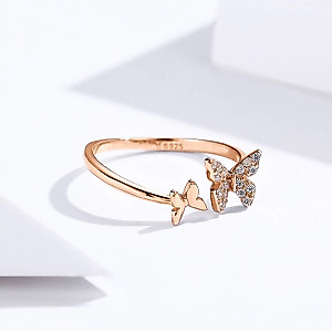 Sterling Silver Cute Butterfly Open Rings for Women Girls Adjustable Birthstone CZ Crystal Dainty Animal Statement Promise Engagement Wedding Ring Eternity Finger Band (Rose Gold)