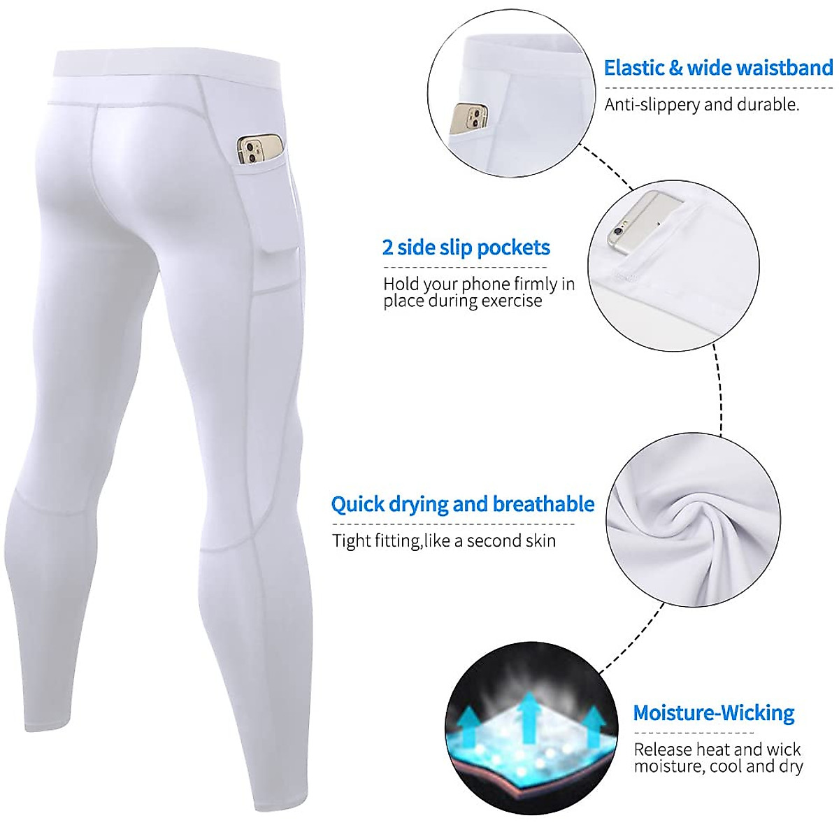 EARGFM Men's Compression Pants Athletic Leggings Workout Running Tights Dry Base Layer with Pockets Active Cycling Pants White