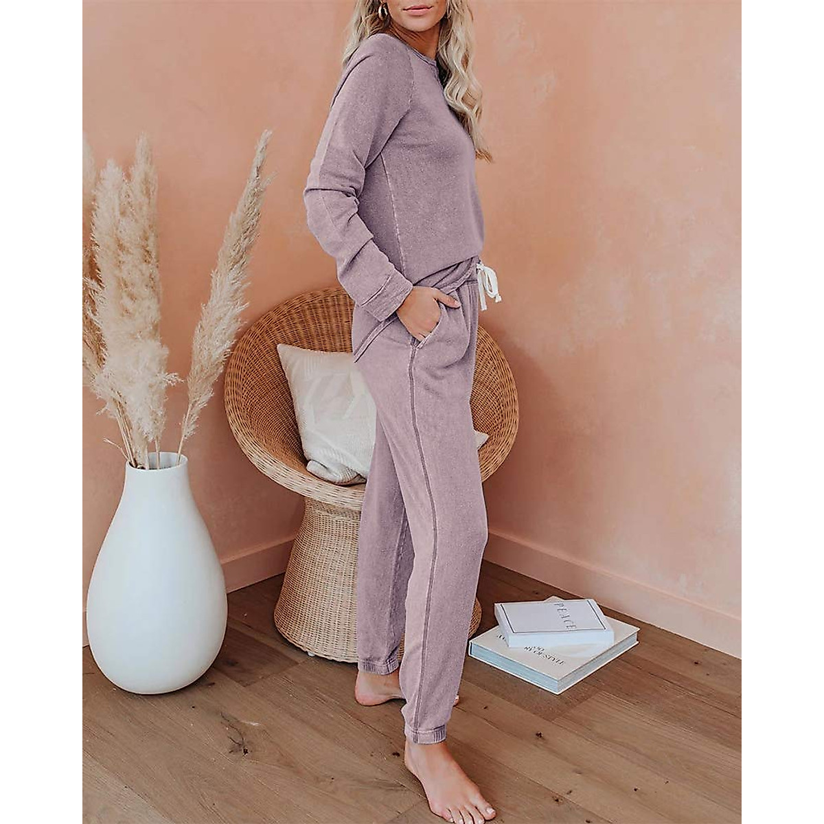 Eurivicy Women's Solid Loungewear Set 2 Piece Long Sleeve Pullover and Drawstring Sweatpants Sport Outfits Sets