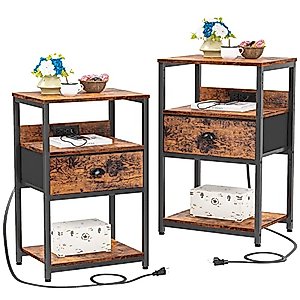 Furologee Nightstand Set of 2 with Charging Station, End Table with USB Ports&Power Outlets, 3-Tier Storage Shelf Tall Bedside Table, Industrial Side Table with Fabric Drawer for Bedroom/Living Room
