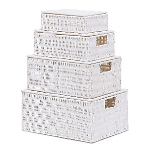 4 Set of Storage Baskets (Pearl White) - Rattan Decorative Box & Closet Organizers and storage & Basket with Lid & small basket with lid, decorative baskets for Clothes, Toys, Books