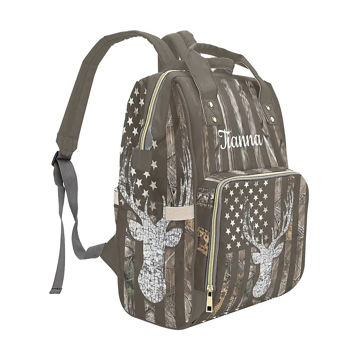 American Flag Deer Camo Brown Diaper Bags with Name Waterproof Mummy Backpack Nappy Nursing Baby Bags Gifts Tote Bag for Women