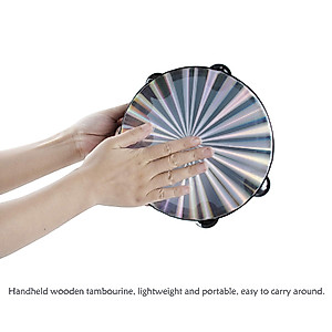 AUEAR, Double Row Jingles Handheld Tambourine Creative Wooden Drum for Adults Percussion Musical Educational Toy Party Game Church (1-Pack, 8 Inch, Reflective)