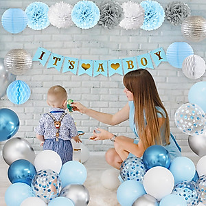 Ouddy Party Blue Baby Shower Decorations for Boy with Its a Boy Banner, Baby Boy Letter Metallic Blue Gray Silver Balloon Paper Pom Poms Honeycomb Ball for Boy Baby Shower Gender Reveal Party Supplies