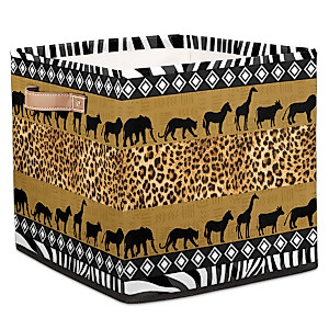 Mardesigns Leopard Print Animal 13 x 13 x 13 Inch Cube Storage Bins Bohemian Fabric Foldable Storage Cubes Basket Boxes with PU Handles for Shelves Closet Bedroom Organizer Clothes