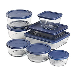 Anchor Hocking 16 Piece Round and Rectangle Glass Food Storage Containers, Space Saving Meal Prep, Navy BPA-Free SnugFit Lids