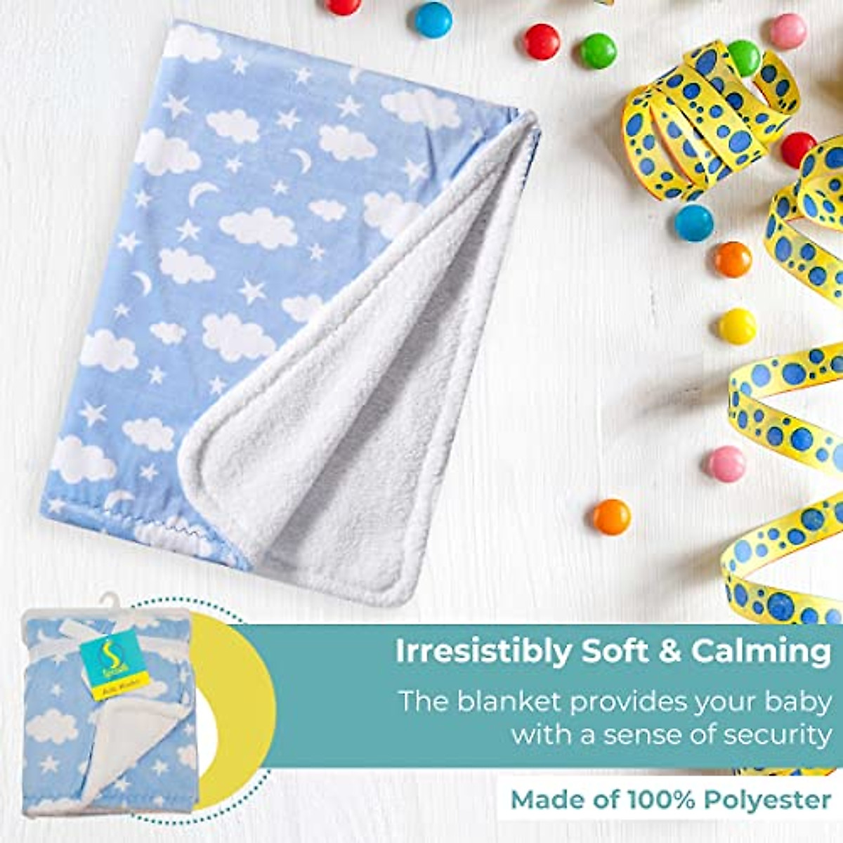 Spasilk Baby Boys Fleece Velboa Baby Blanket for Bed and Strollers, Blue Clouds
