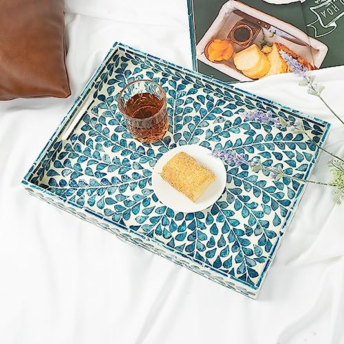 CLAYNIX Serving Tray 15.7" X11.8", Lacquer Mother of Pearl Inlay Mosaic Tray, Rectangle Wooden Marble Tray with Handles Trays for Tea, Breakfast in Bed, Table (Blue)