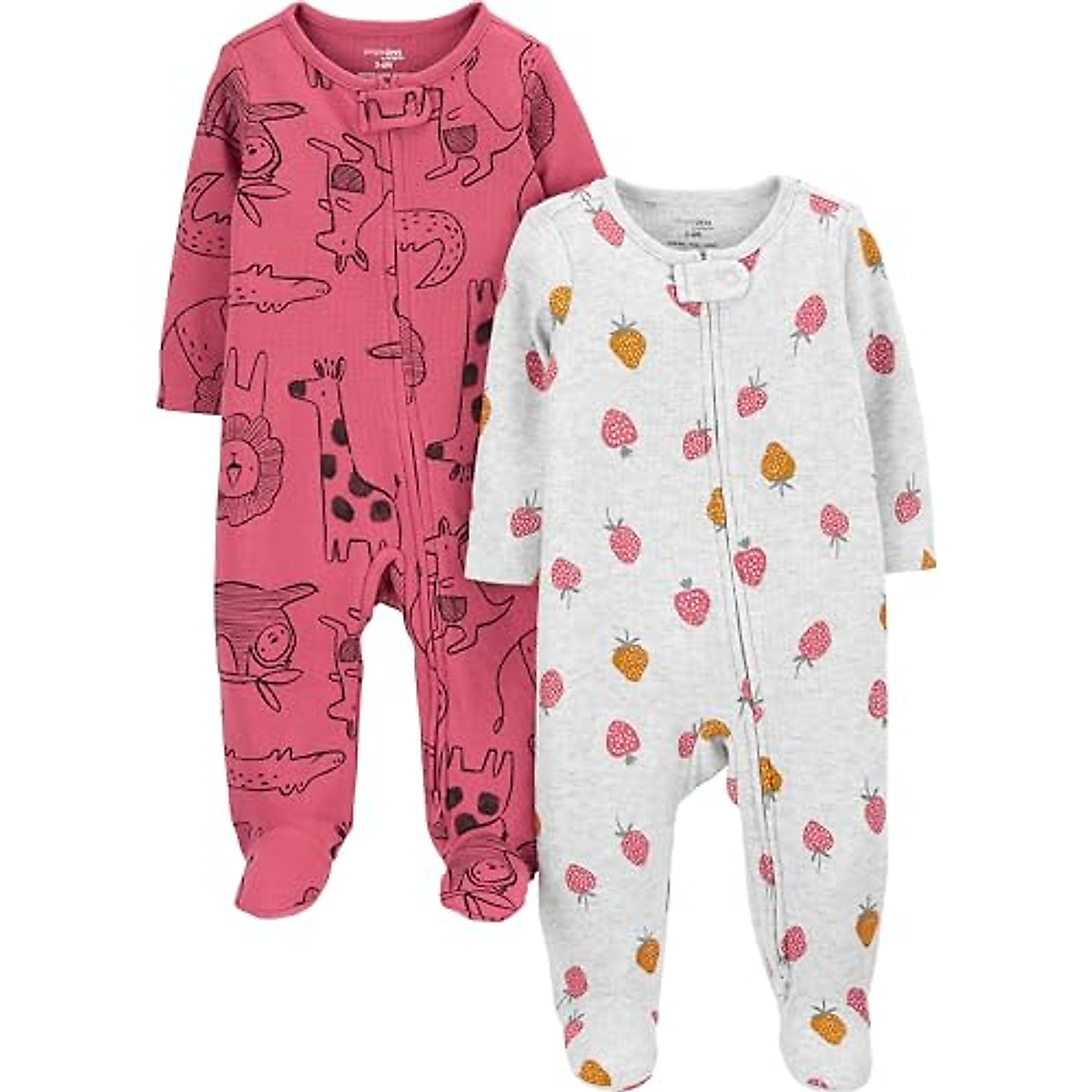 Simple Joys by Carter's Baby Girls' 2-Way Zip Thermal Footed Sleep and Play, Pack of 2, Dark Rose Forest Animals/Grey Strawberries, 3-6 Months