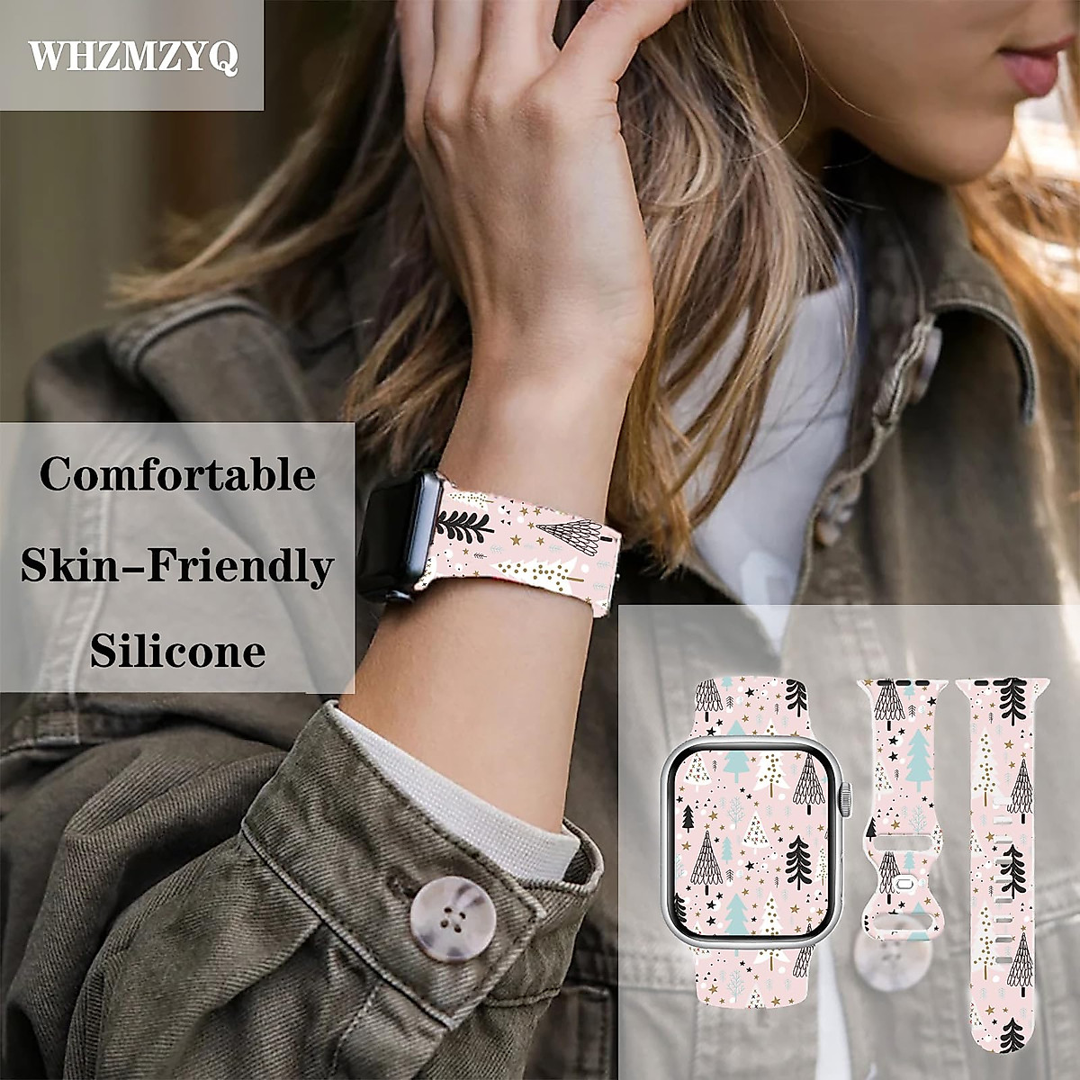 Christmas Tree Pink Background Watch Band Compatible with Apple Watch 38mm 40mm 41mm, Xmas Iwatch Bands Wristbands Soft Silicone Strap Adjustable Replacement Accessories for Series 8/7/6/SE Women Men