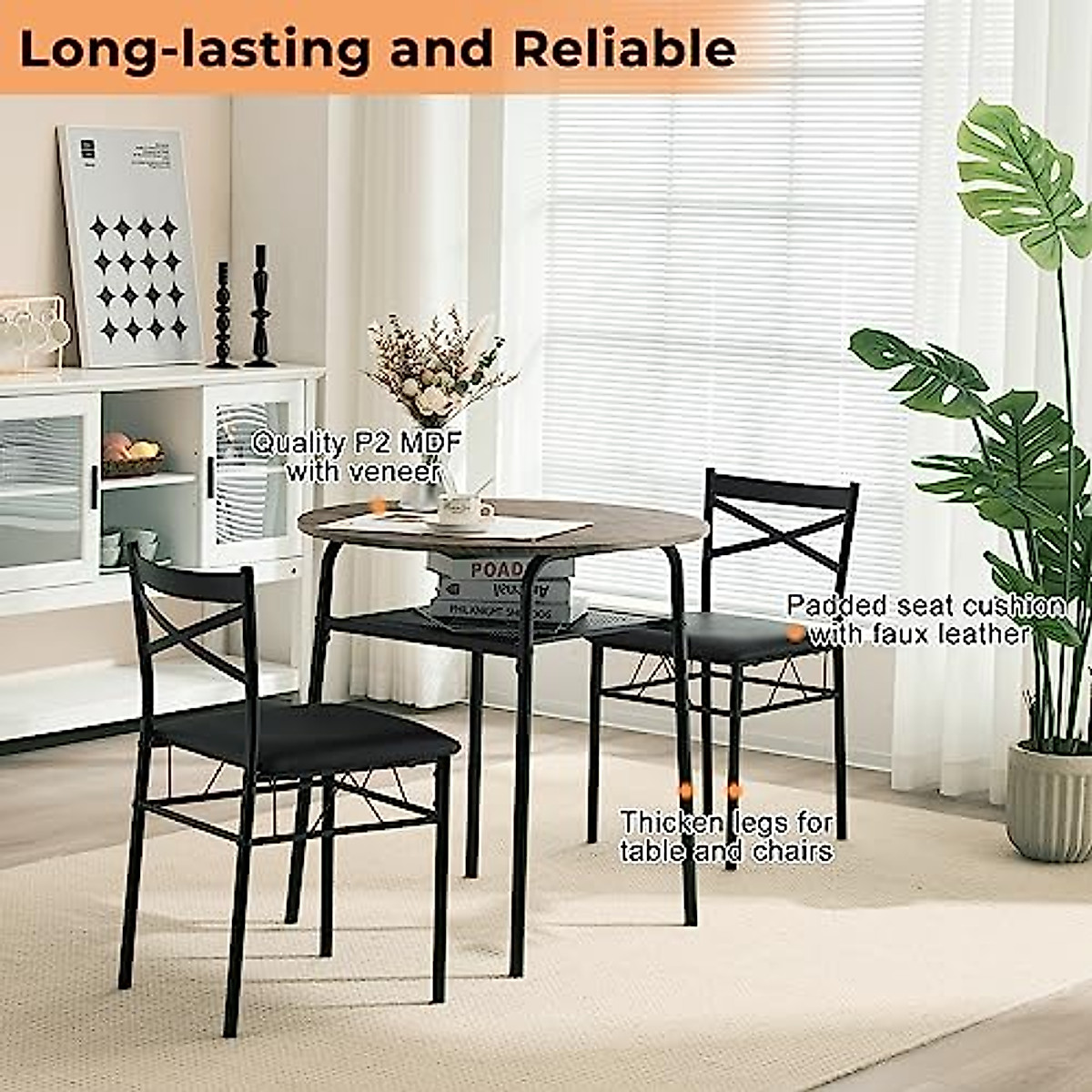 VINGLI 3 Piece Round Dining Set,29.5" Small Dining Table Set for 2,Round Kitchen Table with 2 Chairs Set for Small Space/Dining Room/Apartment,Upholstered Chairs,Metal Frame,Storage Shelf (Black)