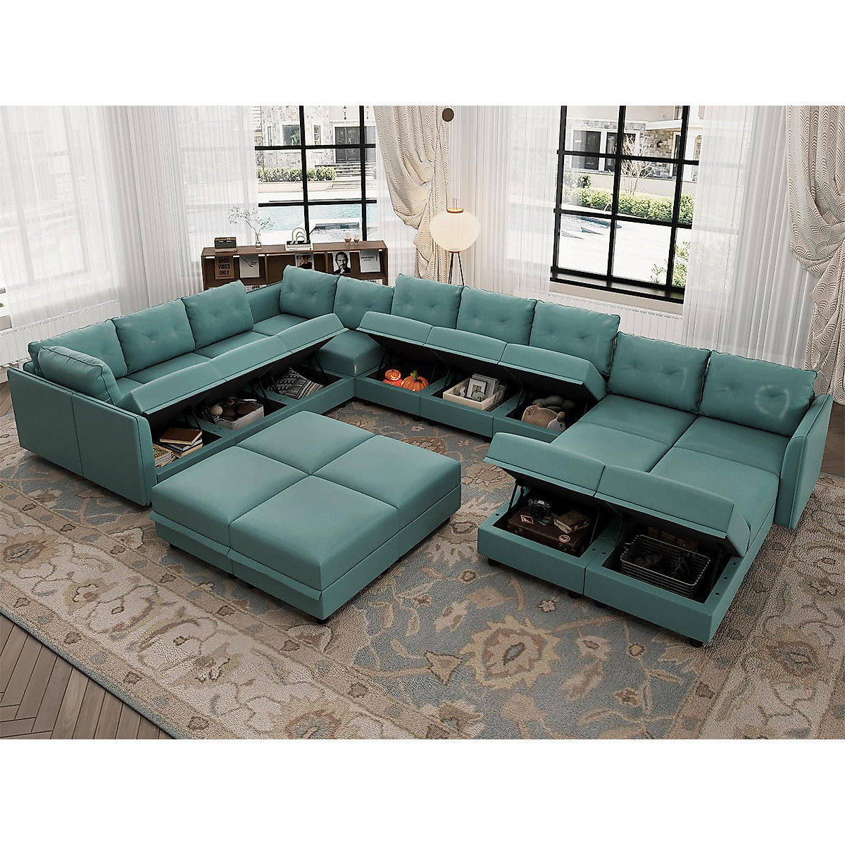 LLappuil Oversized Modular Sofa 21 Seater Sectional Couch with Storage, Large Faux Leather Fabric Waterproof U Shaped Sectional Couch for Living Room, Aqua Blue