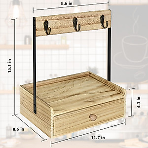Rustic Coffee Station Organizer for Counter, Wood Coffee Mug Holder Stand with 8 Mug Hooks, Coffee Mug Tree Rack with Drawer and Storage Shelf, Coffee Bar Accessories Organizer Kitchen Storage Racks