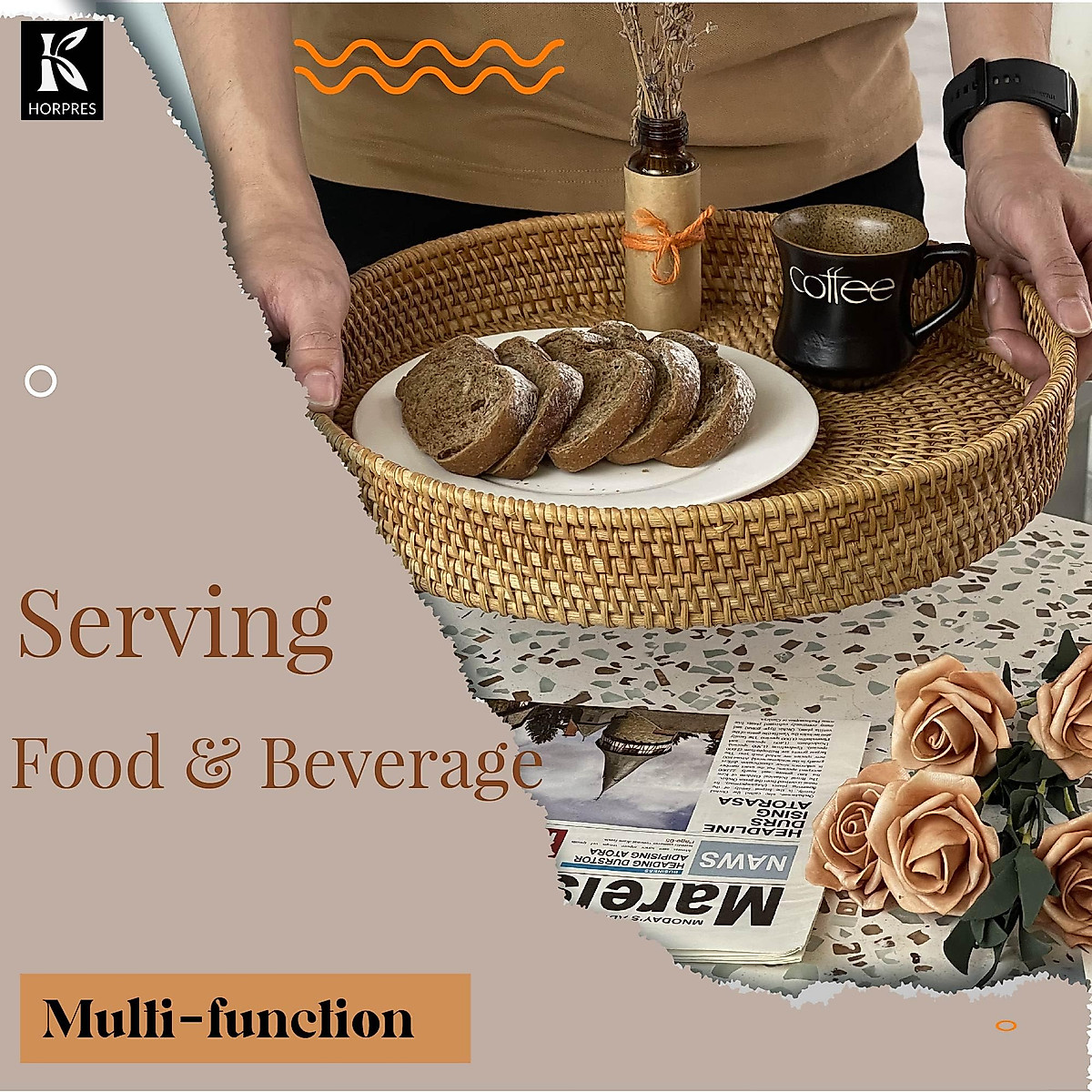 HORPRES Rattan Round Serving Tray, Wicker Fruit/Bread Serving Basket, Hand Woven Serving Basket with Cut - Out Handles, (Natural Color: 11.8 + 13.8 inch)