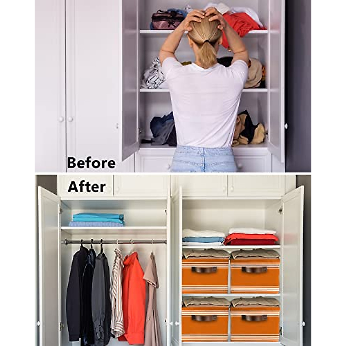 Storage Cubes Organizer with Handles, Thanksgiving Farmhouse Storage Bins Fabric Collapsible Storage Baskets for Shelf Closet Nursery Cloth Organizers Box Orange Fall Stripes 2pcs-15x11x9.5in