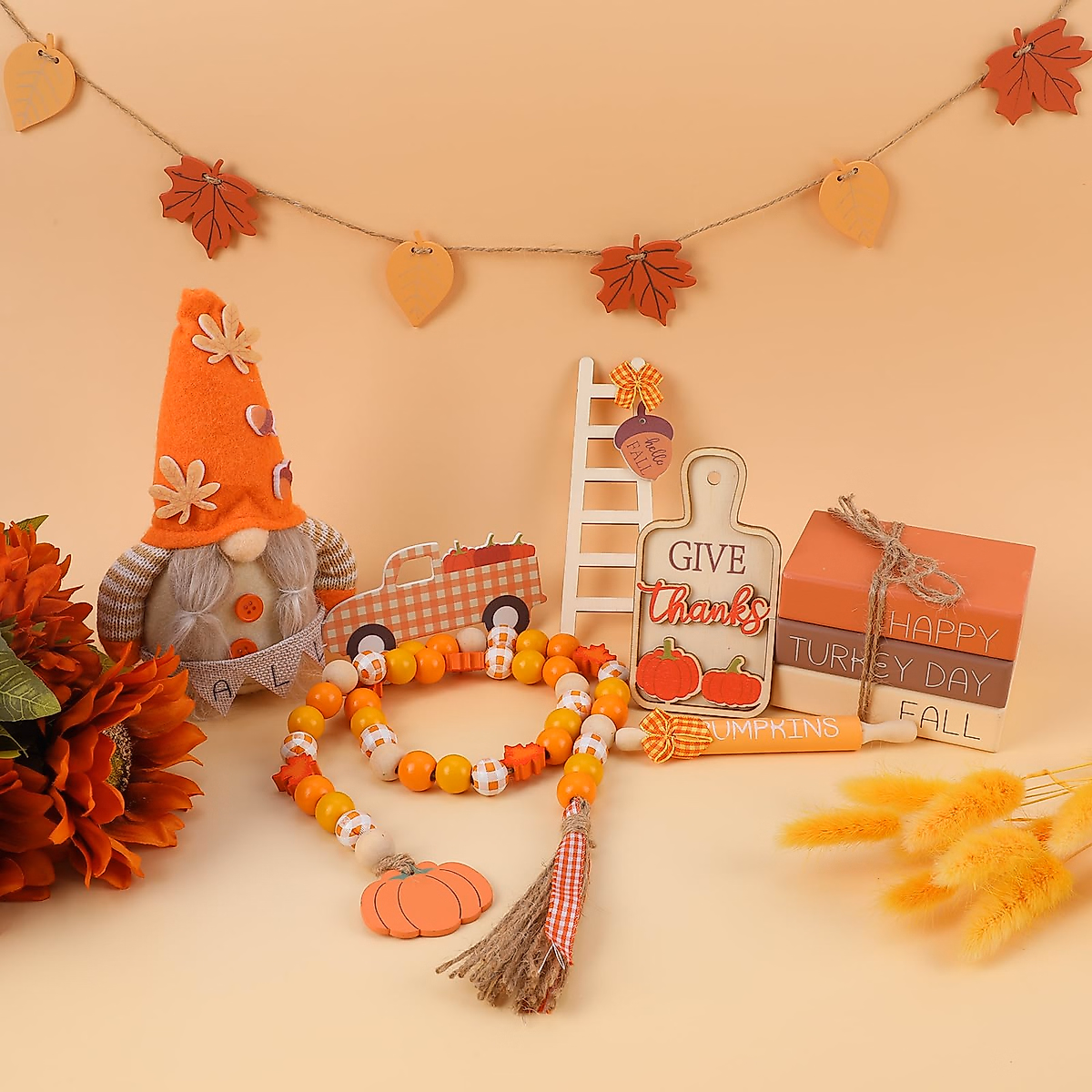 13 Pieces Fall Tiered Tray Decor Set Thanksgiving Pumpkin Tray Decor Faux Decorative Books Gnome Maple Leaves Truck Wooden Signs Rustic Farmhouse Fall Tabletop Decor for Autumn Thanksgiving