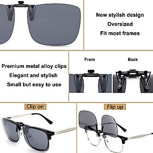 CAXMAN Polarized Clip On Sunglasses Over Prescription Glasses for Men Women 100% UV Protection Flip Up Grey Lens Extra Large Oversized