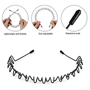 fenshine 6PCS Metal Hair Bands, Spring Wavy Hoop Unisex Black Headband Slicked Back Non Slip Sports Hairband for Women Men…