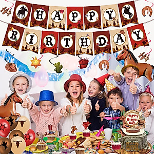 Cowboy Party Decorations Set - Western Birthday Party Decorations Country Rodeo Party Favor Horse Balloons Birthday Banner Cupcake Toppers Hanging Swirls