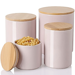 Sweejar Ceramic Kitchen Canister Sets, Porcelain Container for Countertop, Heavy Food Storage Jars with Airthight Seal Bamboo Lid, Servering for Sugar, Coffee Beans, Tea Leaves, Pack of 4（New Pink）