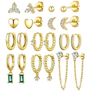 PLOMFOV 14K Gold Silver Hoop Studs Earrings Set for Women Dainty Dangle Hoop Gold Earrings Set for Multiple Piercing Gold Tone