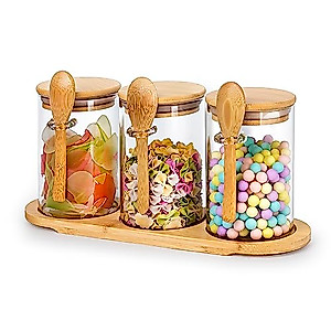 3-pack 18oz Airtight Glass Storage Canister with Wood Lid Spoon and Tray, Food Glass Jars ,Overnight Oats Containers with Lids,Decorative Kitchen Jars for Coffee Tea Sugar Spice,Salt Containers