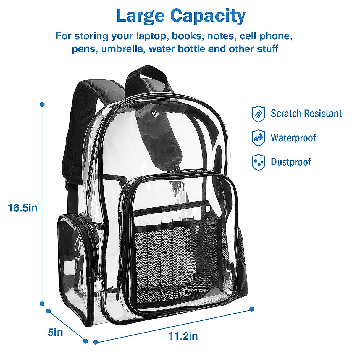 ProCase Heavy Duty Clear Backpack, See Through Backpacks Transparent Clear Large Bookbag for School Work Stadium Security Travel Sporting Events -Clear