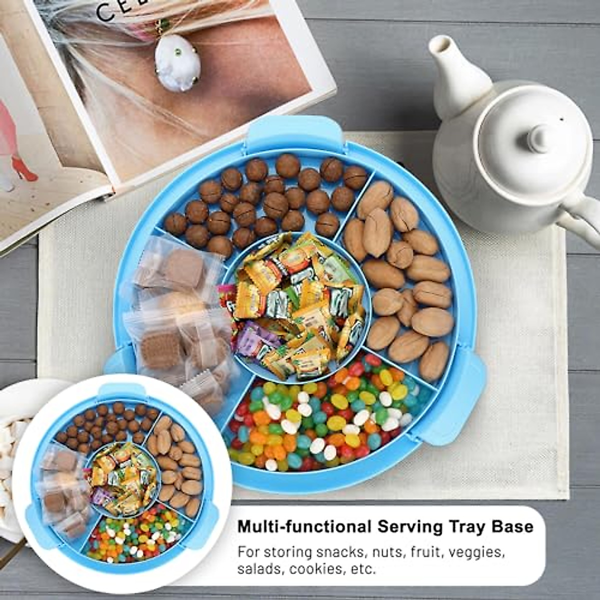 BSTKEY Portable Cake Carrier with Lid and Handle, Cake Turntable + Cupcake Storage Tray for Transport, 10" Round Cake Container Holder with Two Sided Base for Pies Nuts Fruit Cookies, Blue