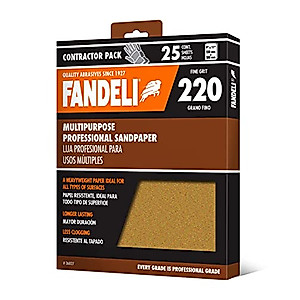Fandeli | Multi-Purpose Sandpaper | 220 Grit | 25 Sheets of 9'' x 11'' | Metal and Wood Sandpaper | Wall Sandpaper | Hand Sanding | Orbital Sanders